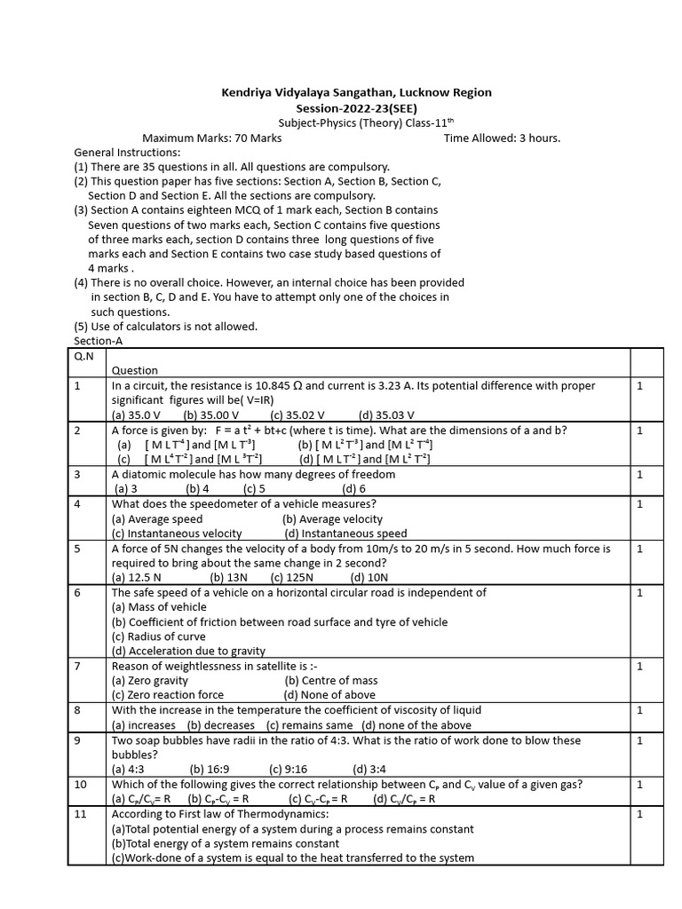 XI Physics QP | PDF | Force | Acceleration