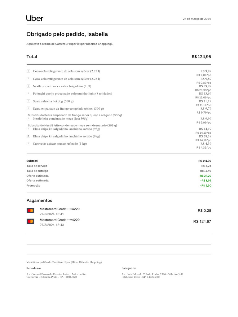 Recibo Uber Eats 27:03:24 | PDF | Alimentos | Bebida