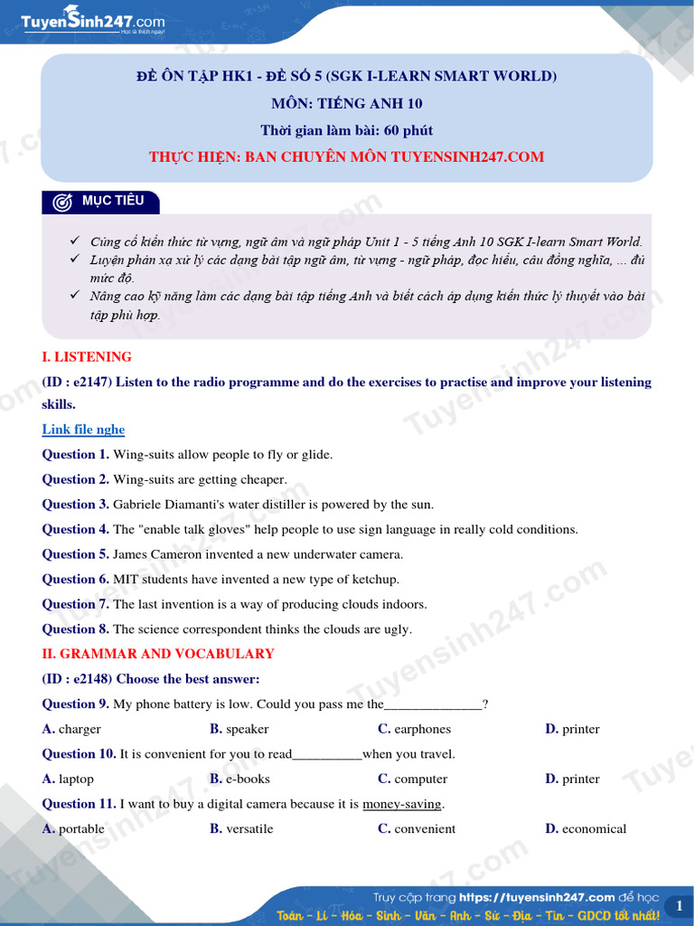 5. Đề ôn tập HK1 - Tiếng Anh 10- I-learn Smart World - Đề số 5 | PDF