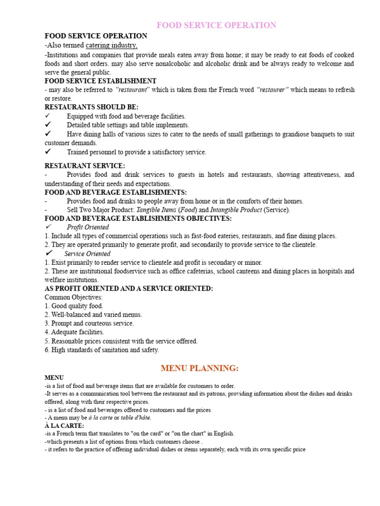 Food Service Operation | PDF | Menu | Tableware