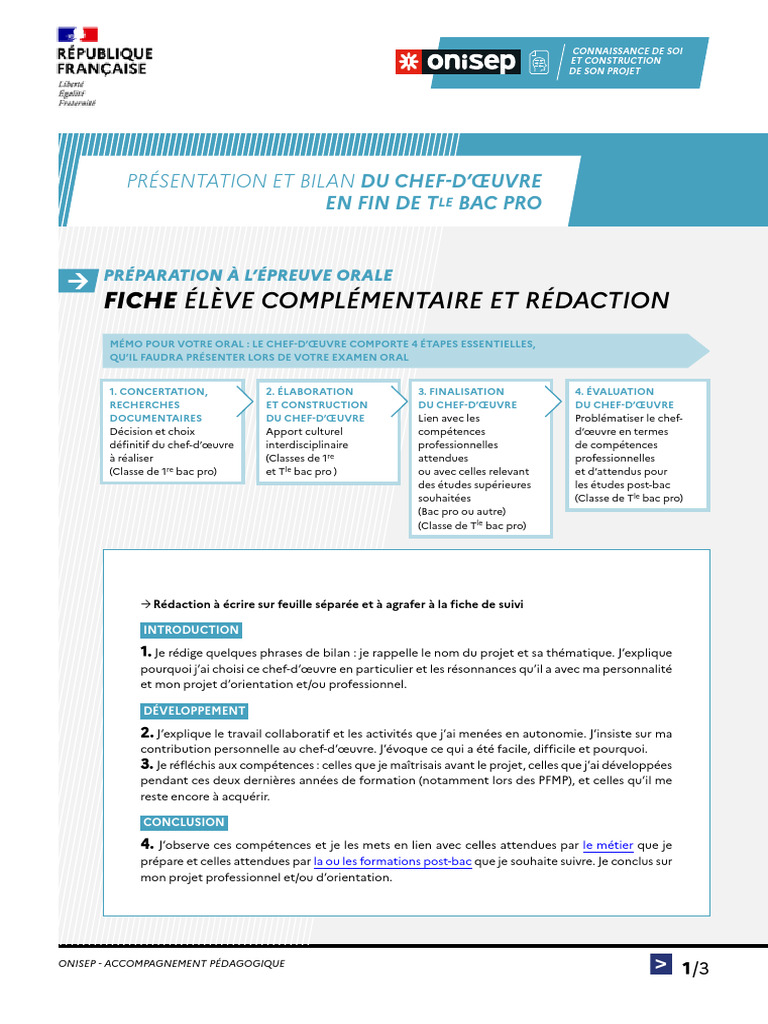 3 Fiche Eleve Chef D Oeuvre Prepa Oral Redaction Term Bac Pro | PDF
