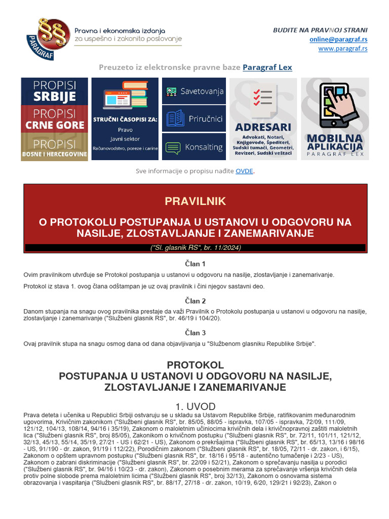 Pravilnik o Protokolu Postupanja U Ustanovi | PDF