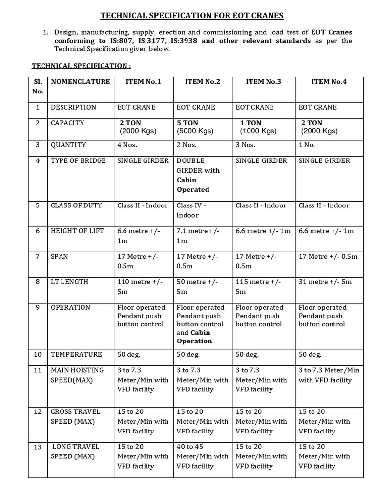 Eot Crane Technical Specification | PDF | Crane (Machine) | Switch