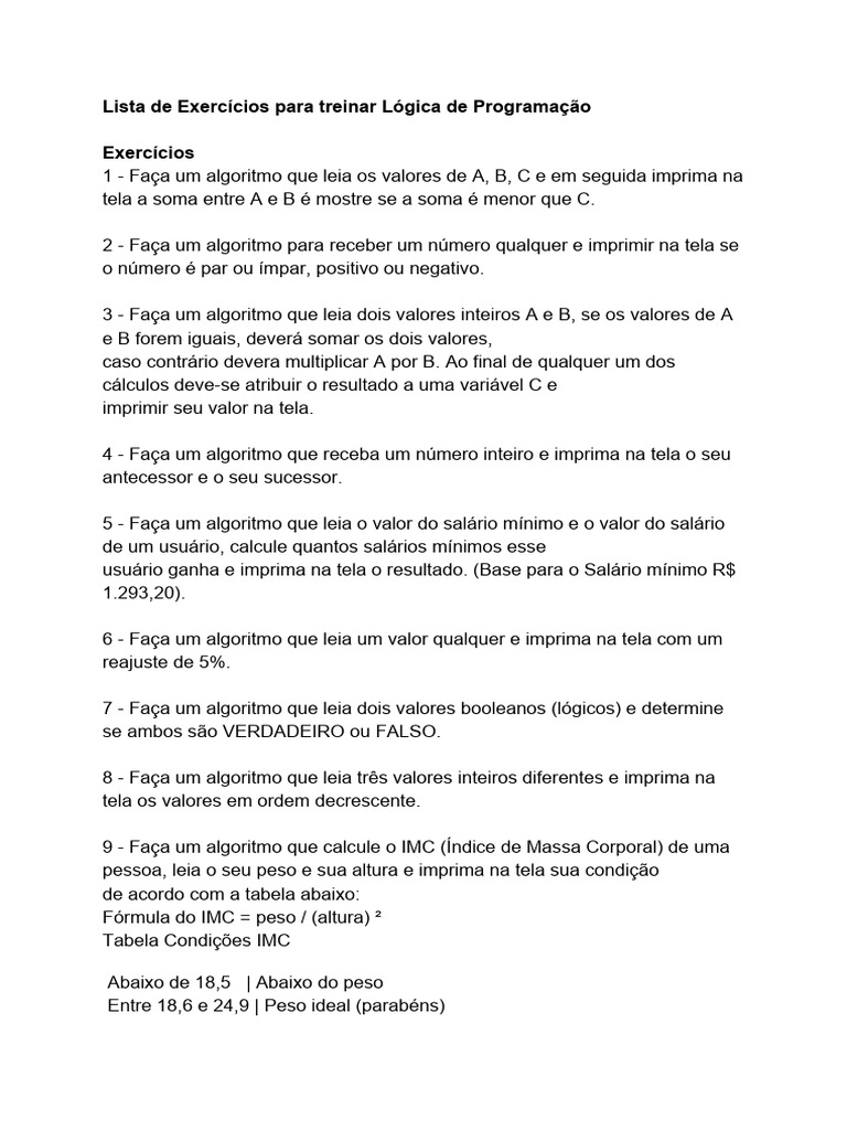 Lista de Exercícios para Treinar Lógica de Programação | PDF | Índice ...