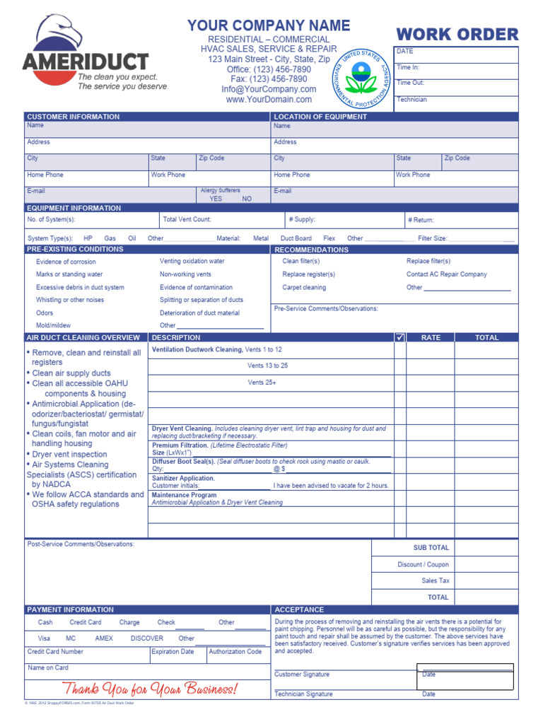 Air Duct Cleaning Work Order Word Fillab | PDF | Duct (Flow)