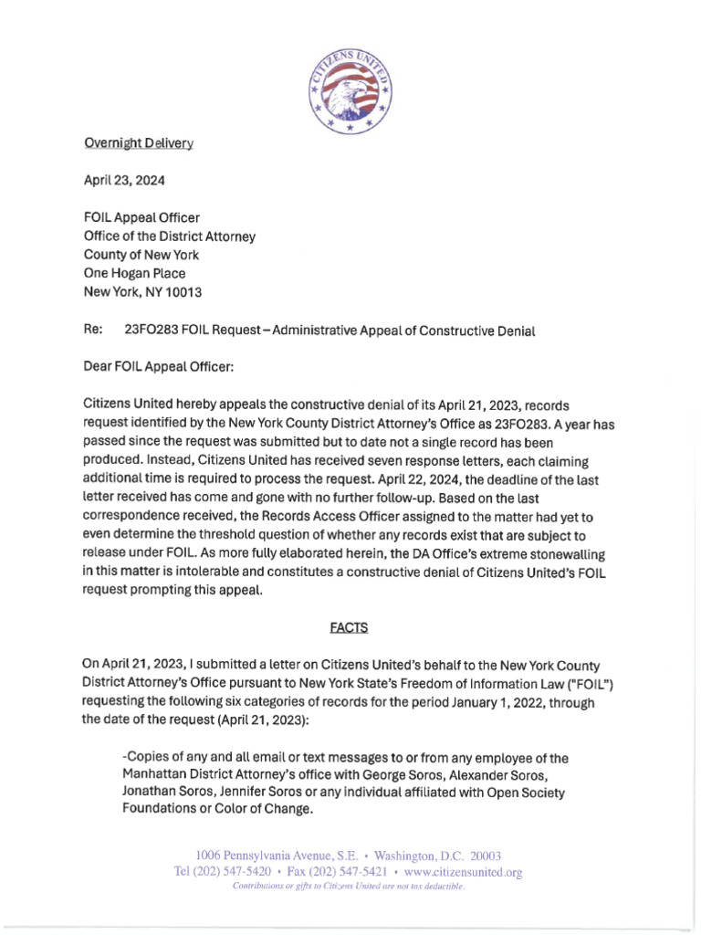 CU Submits Administrative Appeal To New York District Attorney's Office ...