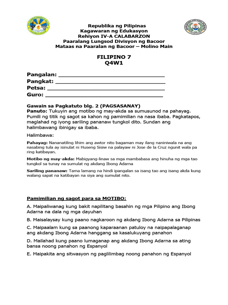 Filipino Answer Activity and Test | PDF