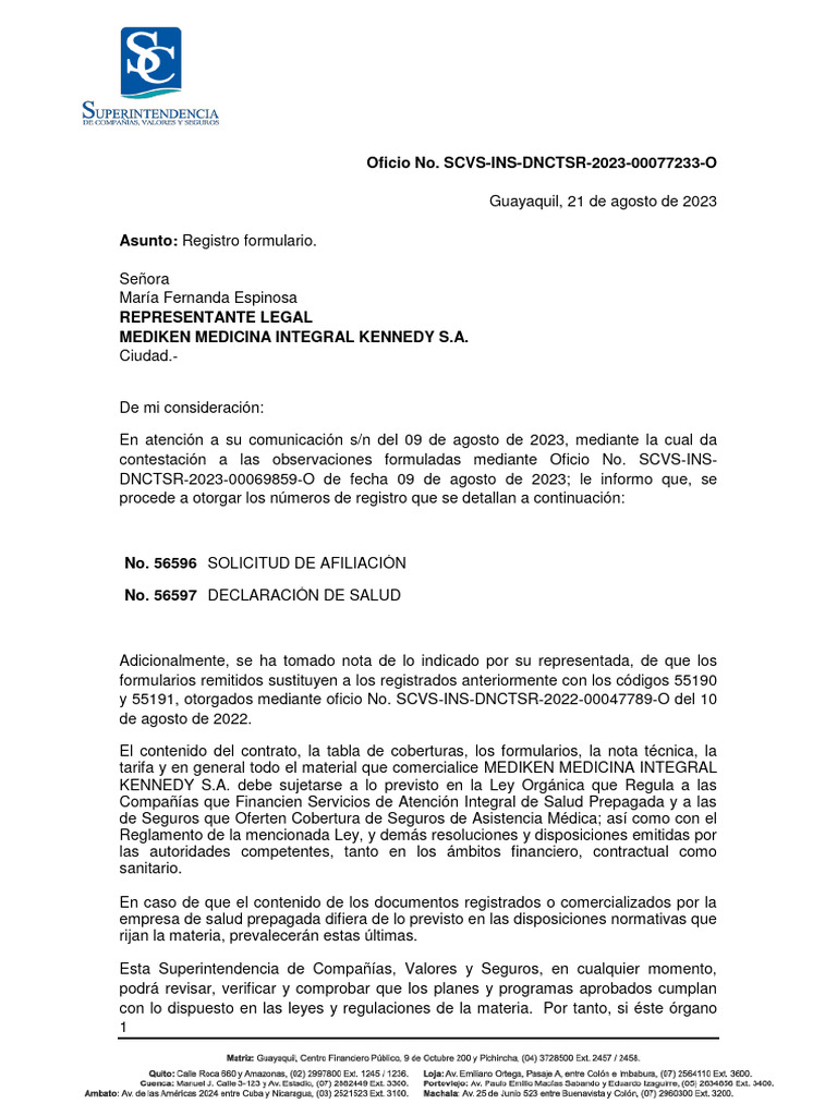 Oficio No. SCVS-INS-DNCTSR-2023-00077233-O | PDF | Seguro