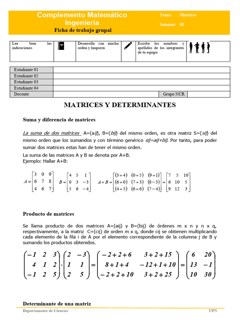 Ficha de Trabajo Grupal T1 - Matrices | PDF | Matriz (Matemáticas) | Determinante