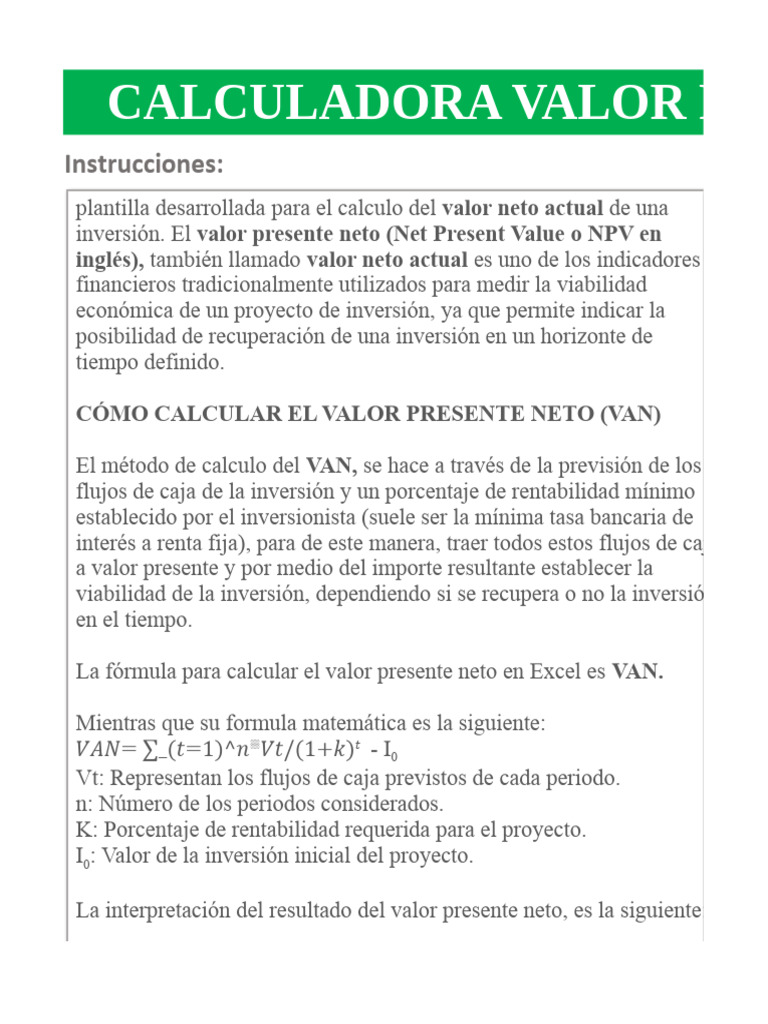 Cálculo del Valor Presente Neto en Excel | PDF | Valor presente neto ...