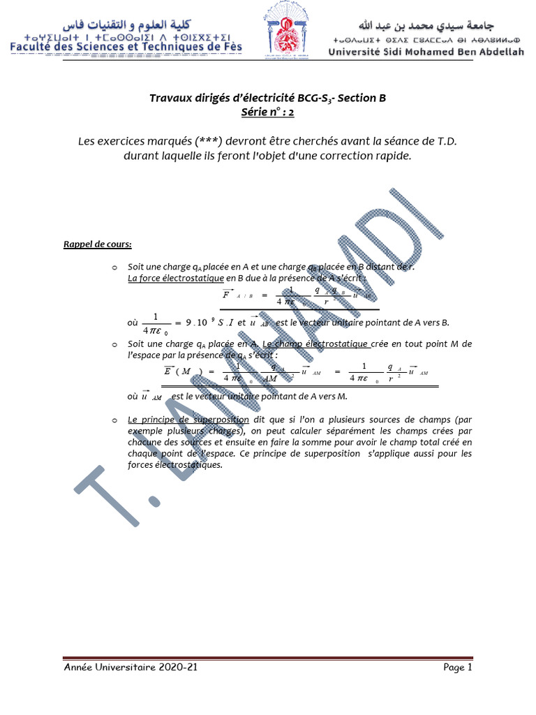 Correction TD2 BCG 2020 21 | PDF | Électrostatique | Physique