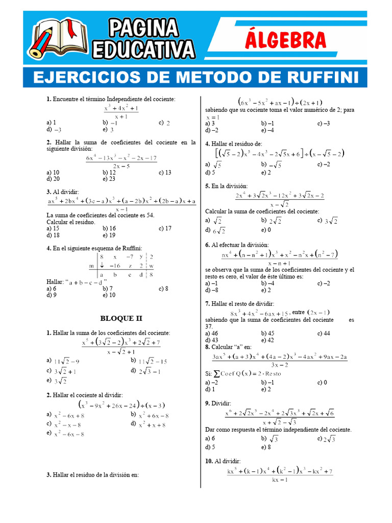 Ejercicios Del Metodo de Ruffini Pagina Educativa | PDF | División (Matemáticas) | Matemáticas