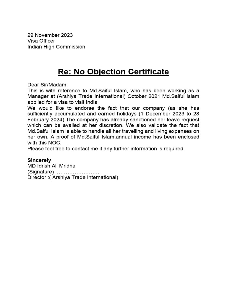 NOC Letter Indian . | PDF