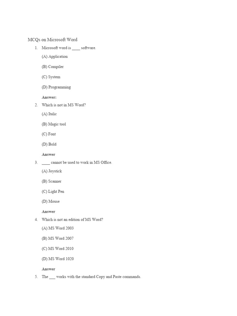 MCQ 1 Questions Only | PDF | Microsoft Word | Computing