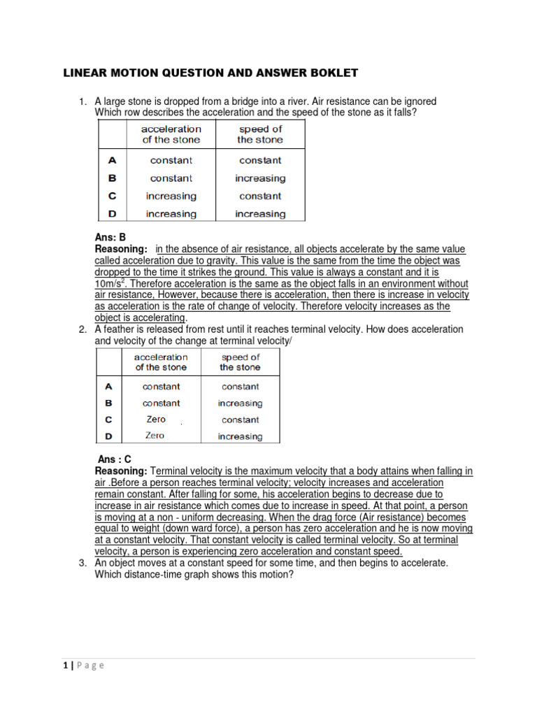 Linear Motion Question and Answer Booklet | PDF | Acceleration | Force