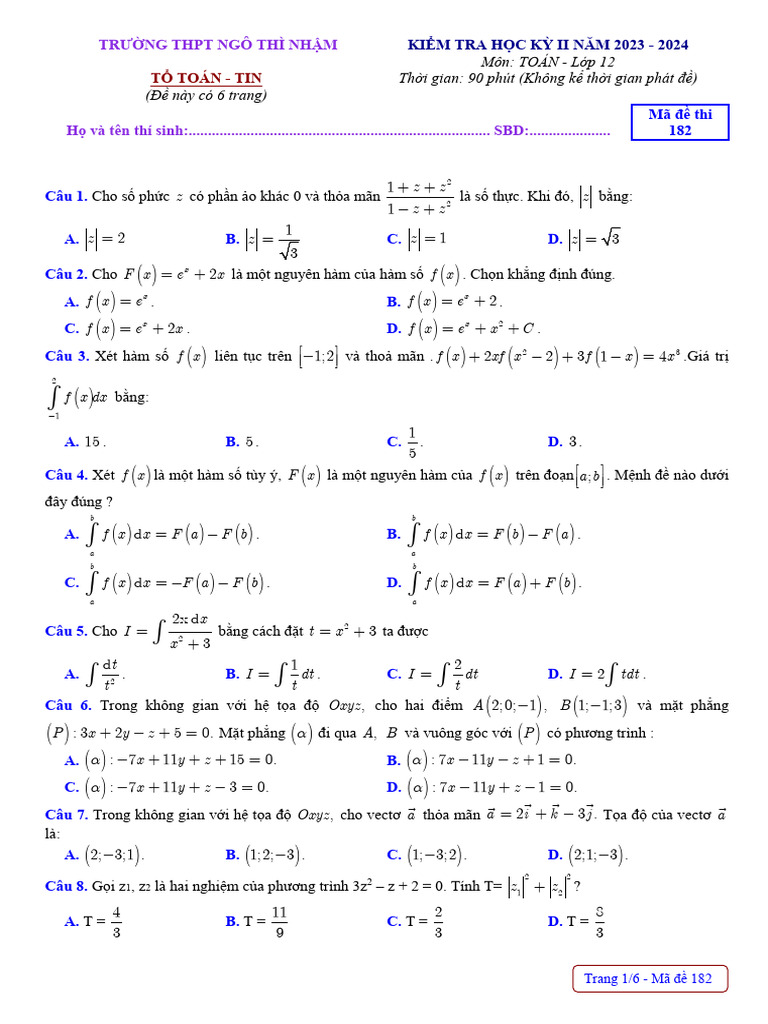 De Hoc Ky 2 Toan 12 Nam 2023 2024 Truong THPT Ngo Thi Nham Ha Noi | PDF