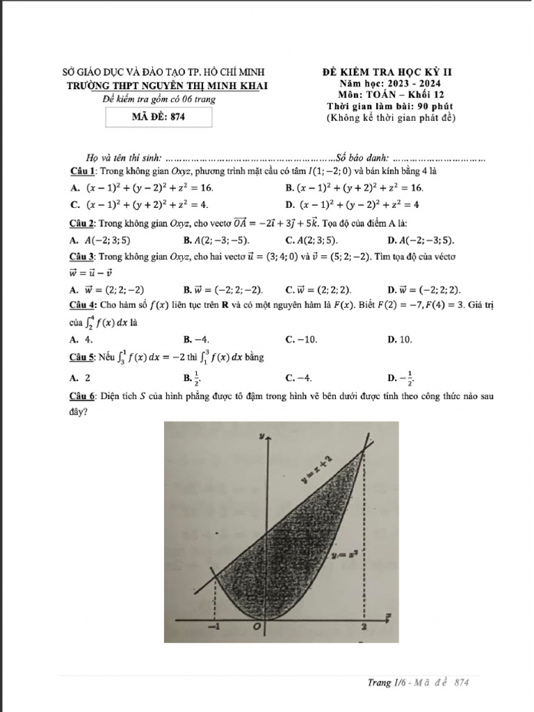 De Hoc Ky 2 Toan 12 Nam 2023 2024 Truong THPT Nguyen Thi Minh Khai TP HCM | PDF