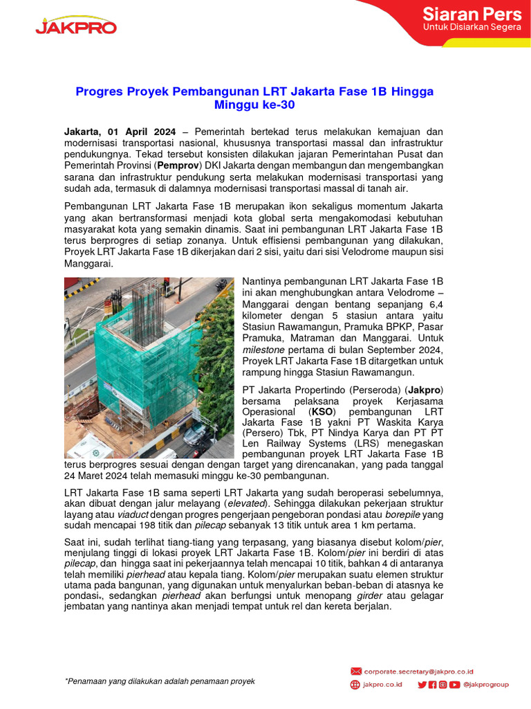 R4 - Progres Proyek LRT Fase 1B Minggu Ke-30-1 | PDF