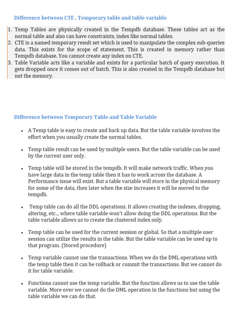 CTE, Temp Table, and Table Variable Explained | PDF | Database Index ...