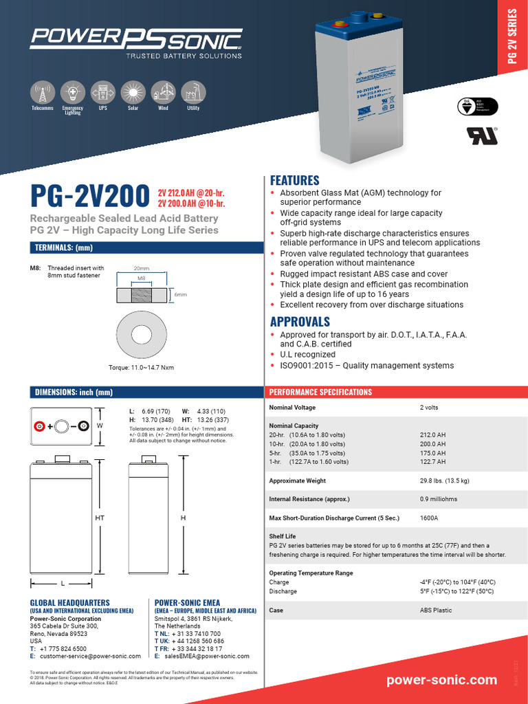 PG 2V200 Technical Specifications REV1 | PDF | Battery Charger | Electricity