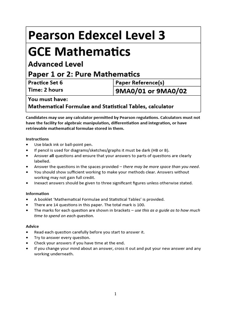 A Level Pure Maths Practice Set 6 | PDF | Mathematics | Equations