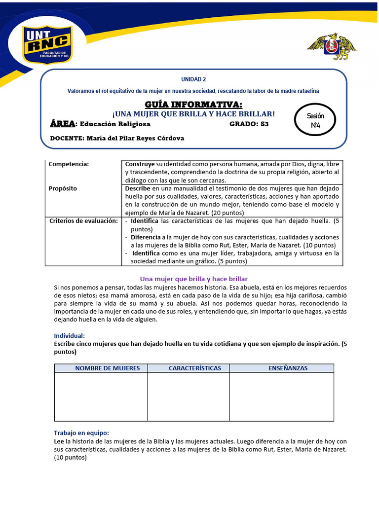 2024 s3 Religion Ud2 Sa4 Ficha de Trabajo Una Mujer Que Brilla y Hace Brillar | PDF | Madre ...
