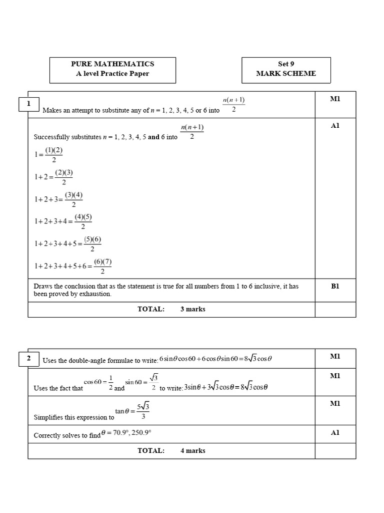 09 9MA0 01 9MA0 02 A Level Pure Mathematics Practice Set 9 Mark Scheme ...