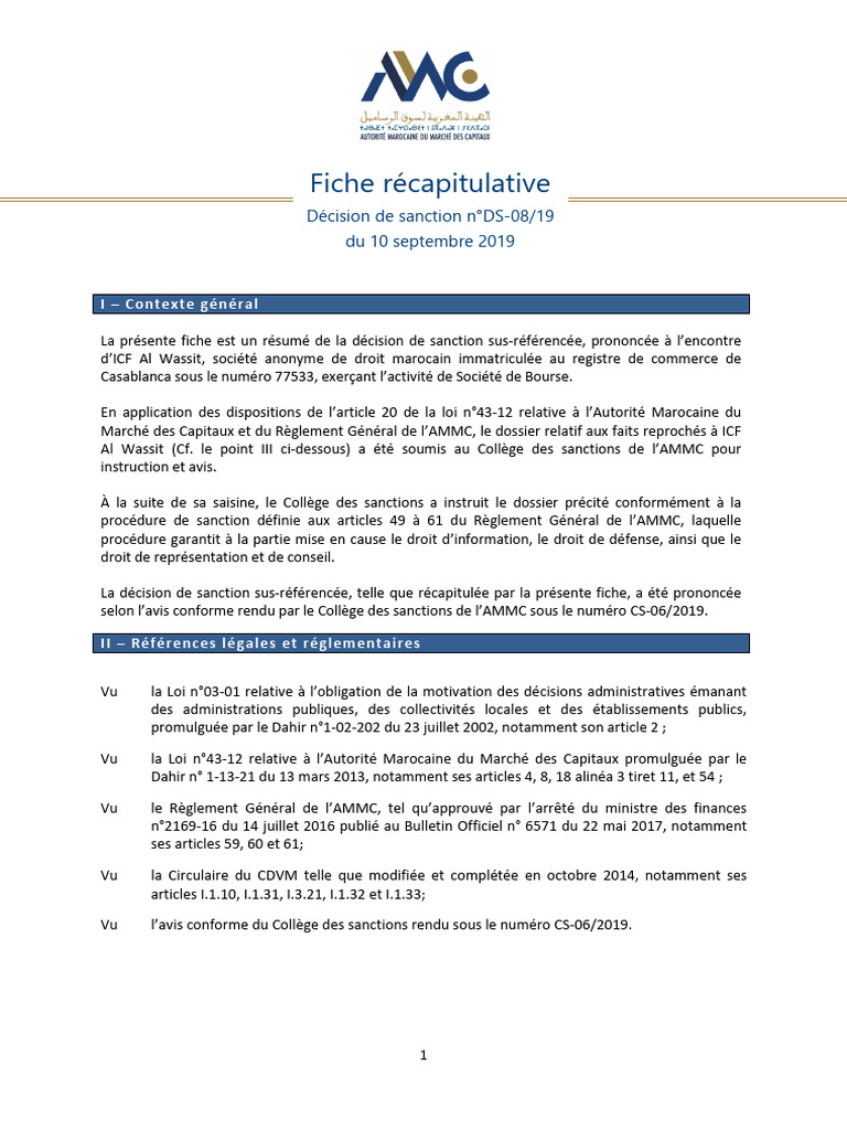 Sanction Pécuniaire À L'encontre de ICF AL WASSIT - (DS 08.19) | PDF