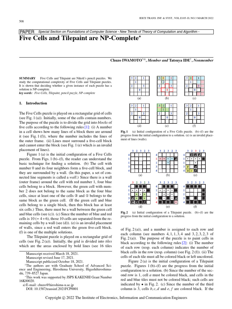 20 Five Cells and Tilepaint Are NP-Complete | PDF | Computational Complexity Theory ...