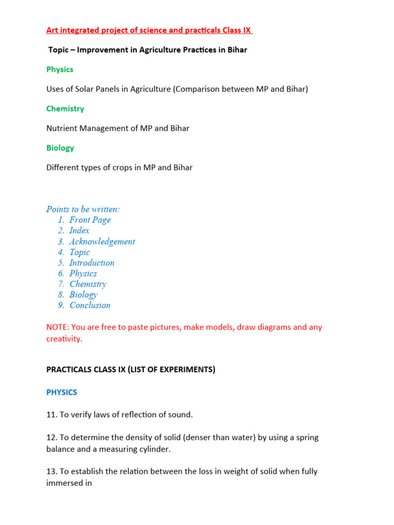 Class IX Art Integrated Project of Science and Practicals | PDF
