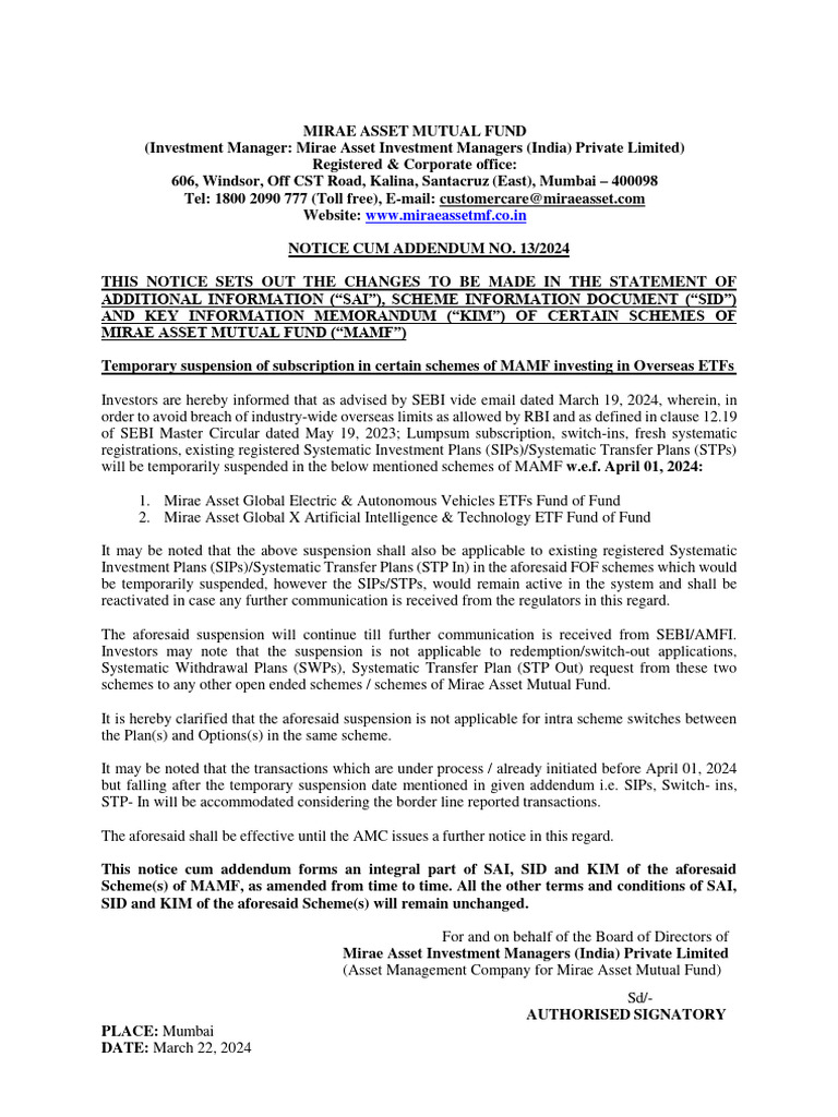 Notice Cum Addendum | PDF | Mutual Funds | Private Sector