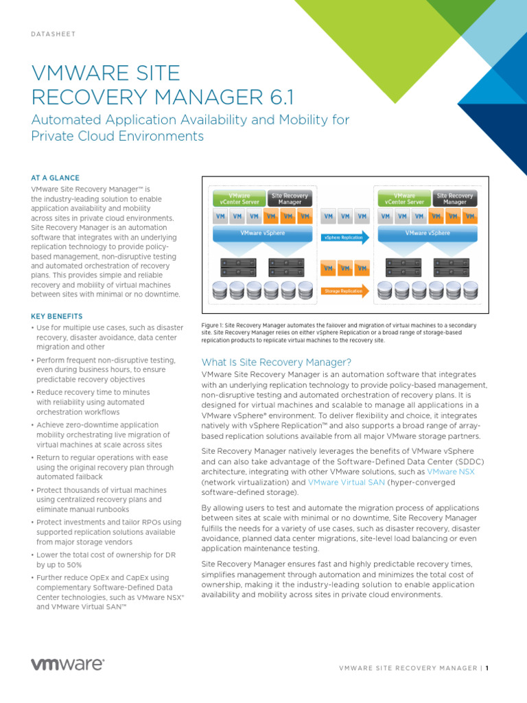 Vmware Site Recovery Manager Datasheet | PDF | Automation | Replication (Computing)