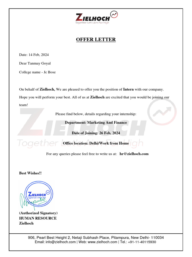 Zielhoch Internship Offer for Tanmay Goyal | PDF | Career & Growth ...