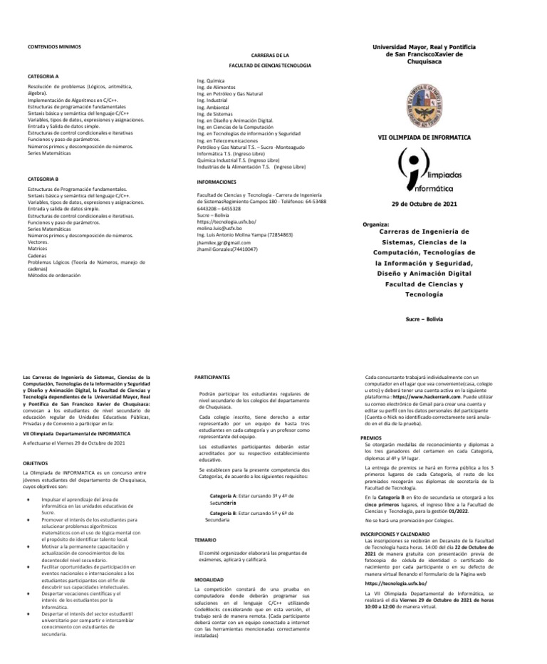 Triptico Oficial Olimpiada Cientifica Area de Informatica Gestion 2021 | PDF | Ciencias de la ...