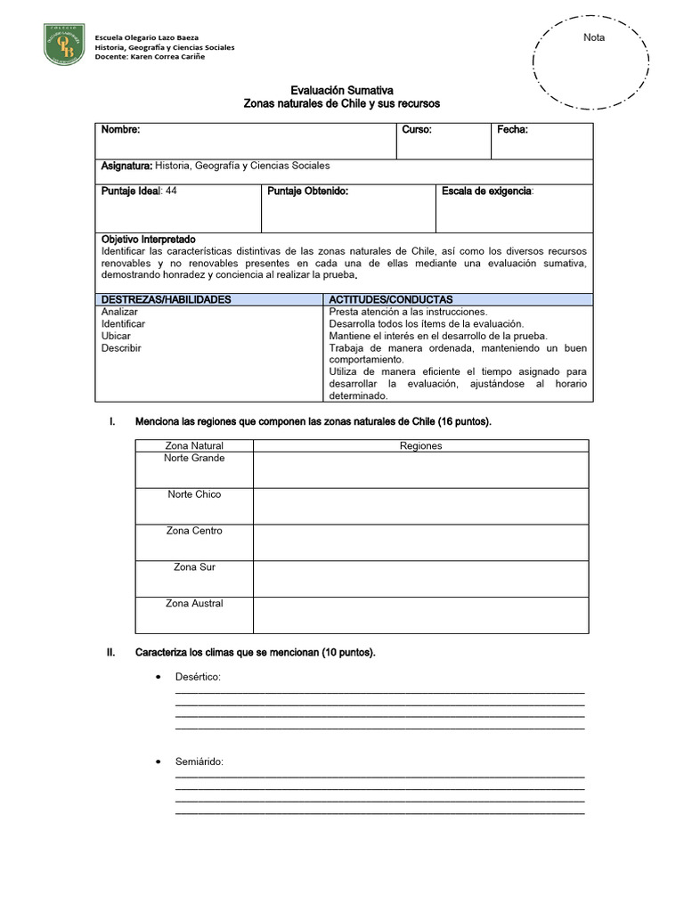 Prueba Zonas Naturales y Recursos | PDF