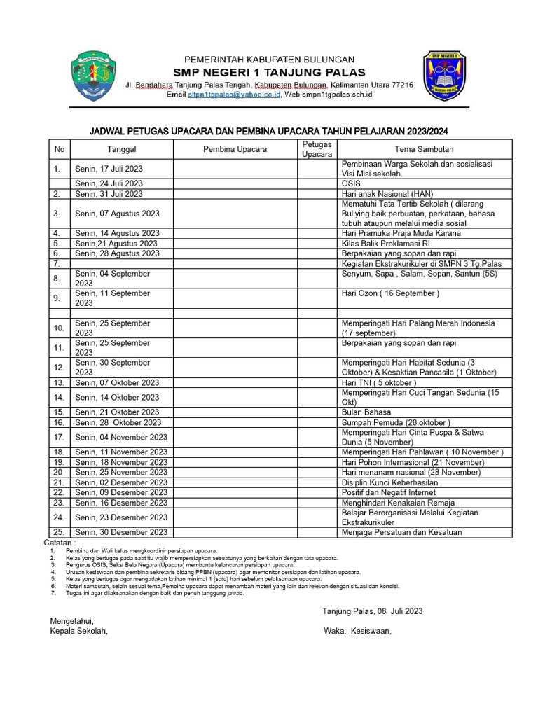 Jadwal Petugas Upacara Dan Pembina Upacara Tahun Pelajaran 2023-2024 | PDF