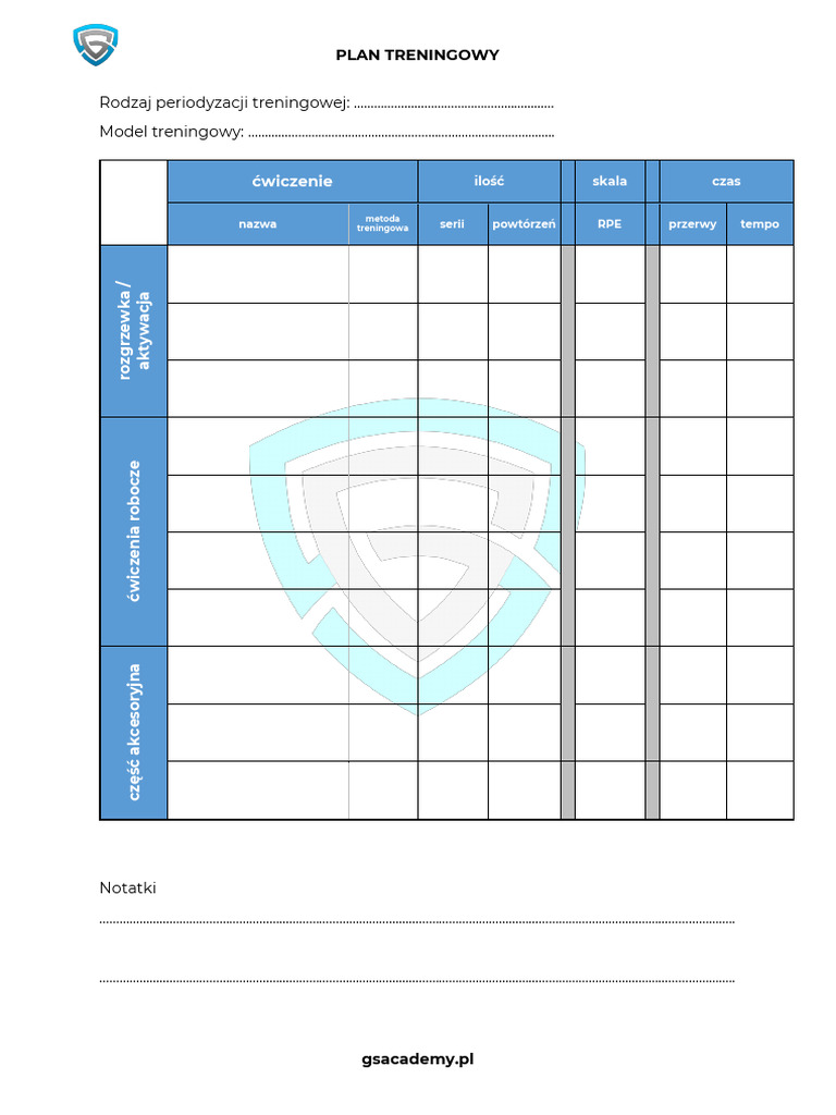 PLAN TRENINGOWY TABELA GSA Aktywne Pola | PDF