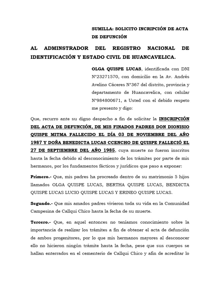 Solicito Incripcion de Acta de Defuncion Reniec Olga Quispe Lucas | PDF | Documento de identidad ...