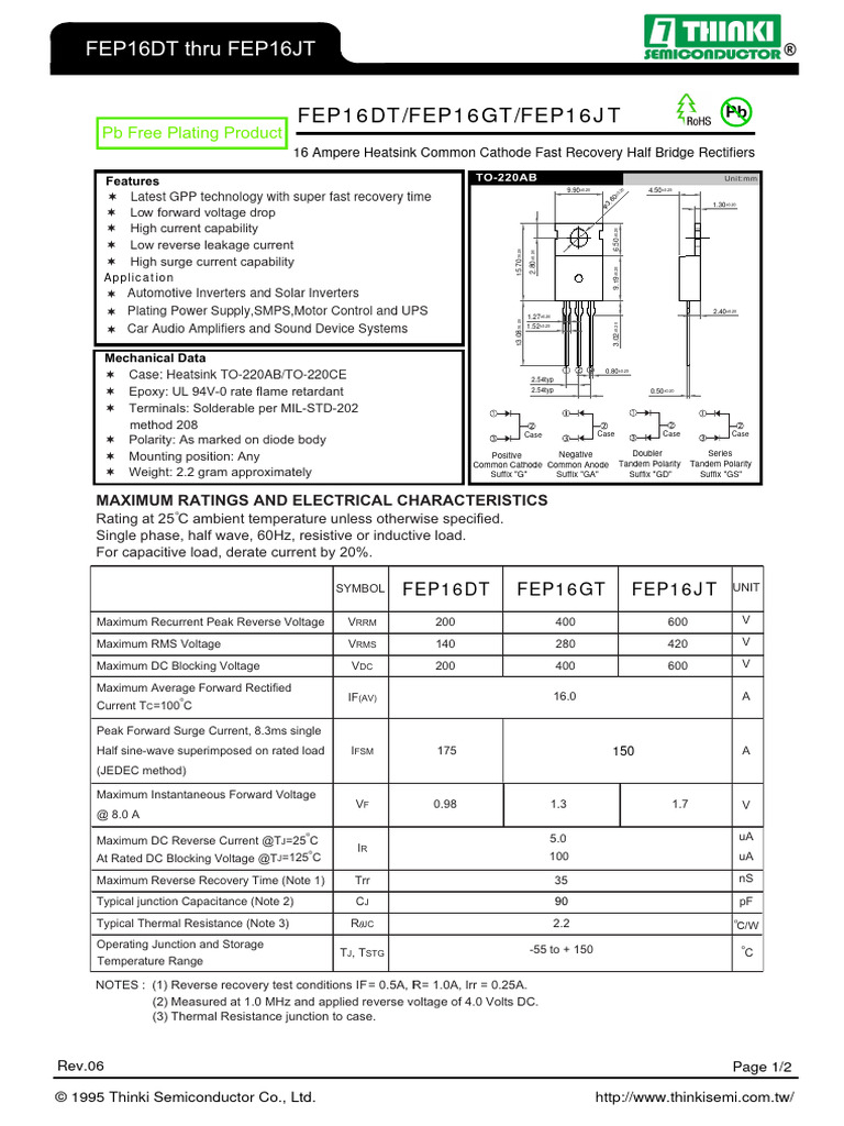FEP16GT Datasheet | Download Free PDF | Rectifier | Electrical Engineering