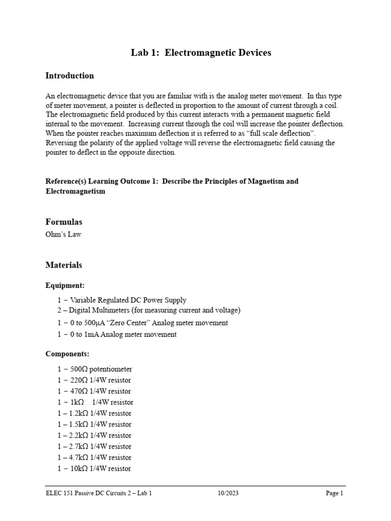 ELEC-151 Lab 01 - 2023 | PDF | Resistor | Electrical Network