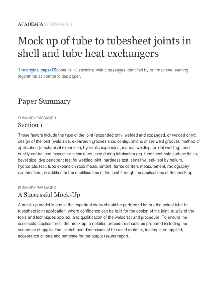 Academia Summary - Mock Up of Tube To Tubesheet Joints in Shell and ...