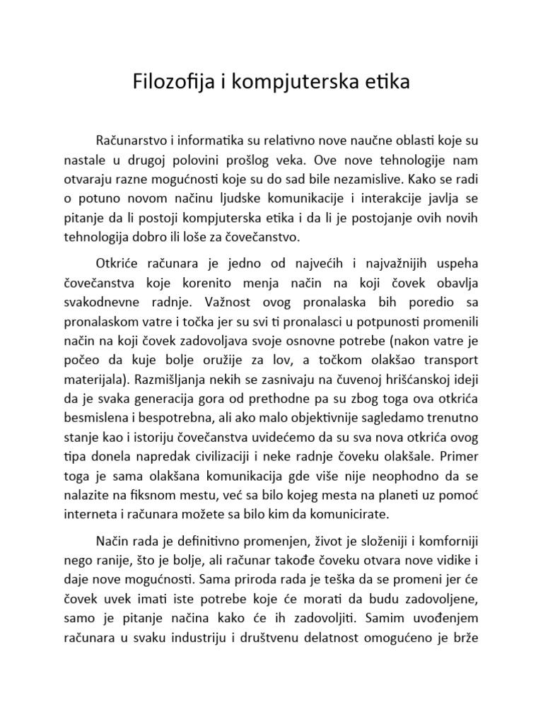 Esej Na Temu "Filozofija I Kompjuterska Etika" | PDF