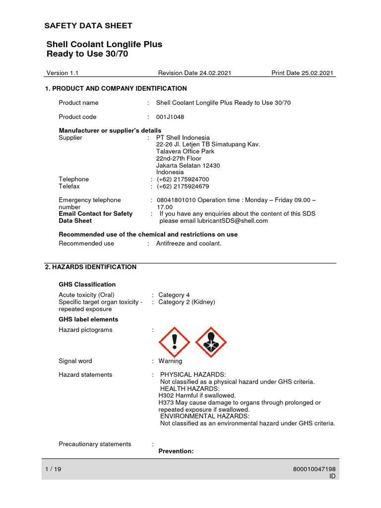 Msds Shell Coolant Longlife Plus | PDF | Toxicity