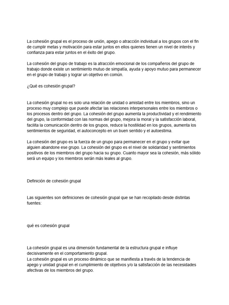 La Cohesión Grupal Es El Proceso de Unión, Apego o Atracción Individual ...