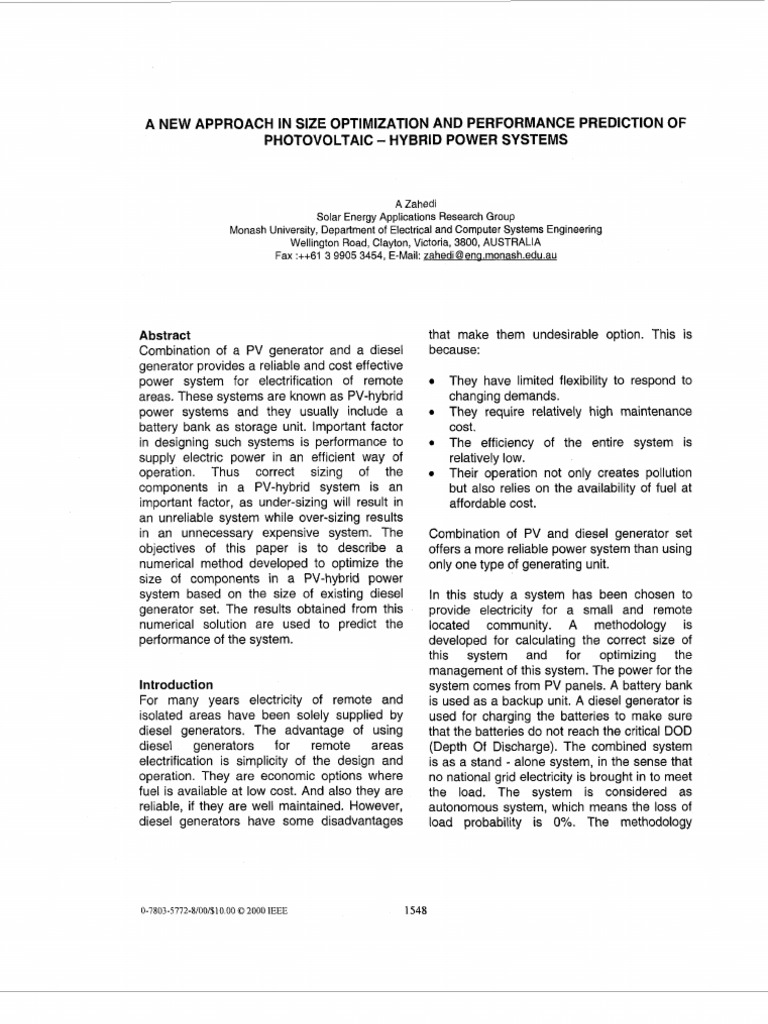 New Approach in Size Optimization and Performance Prediction Photovoltaic Hybrid Power Systems ...