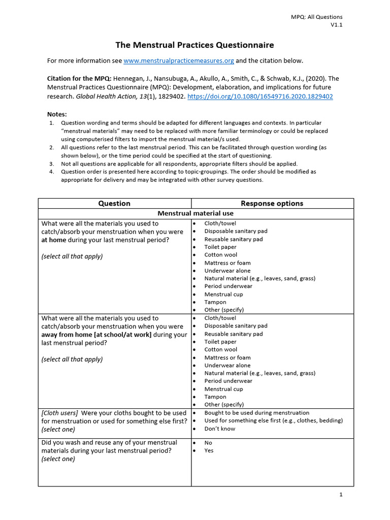 MPQ Survey v1.1 | PDF | Menstruation | Menstrual Cycle