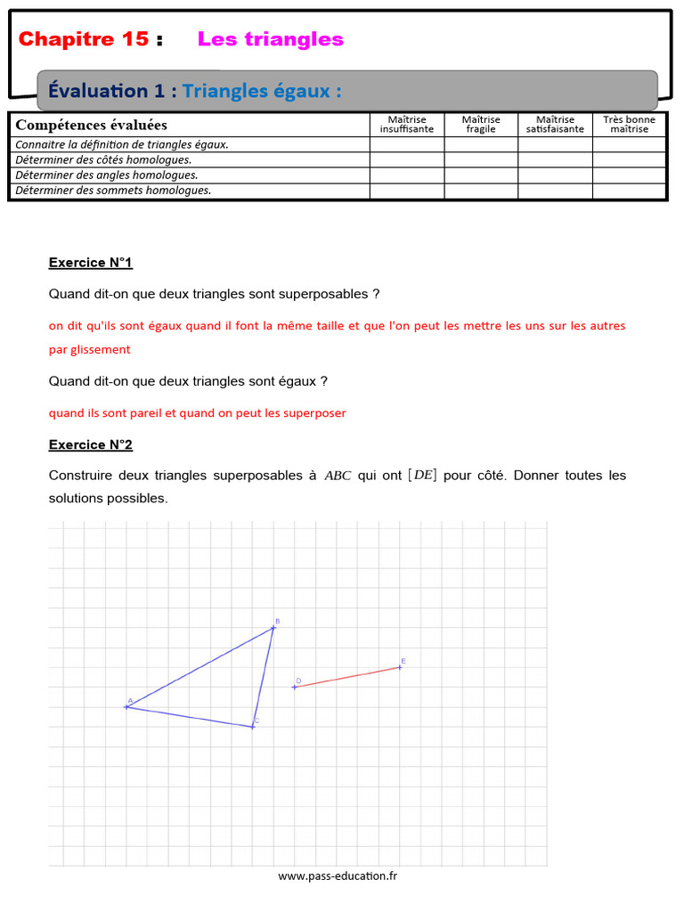 Évaluation des triangles égaux | PDF