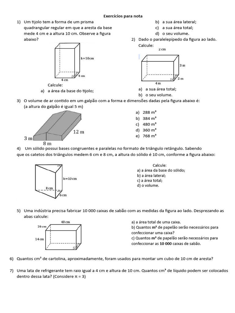Exercícios Sobre Volume e Area | PDF | Objetos geométricos | Formas ...