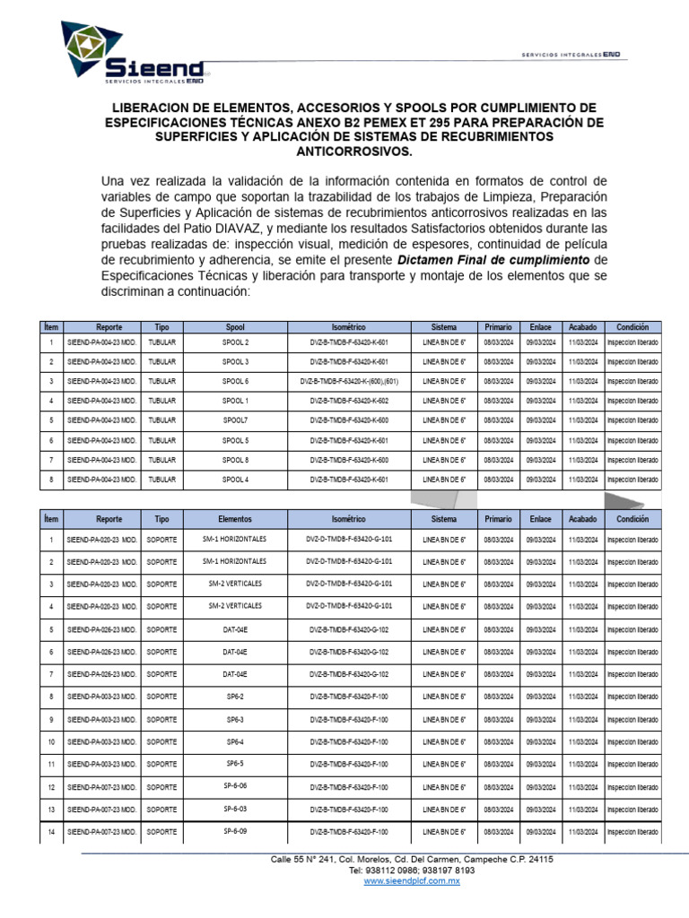 Liberación de Spools y Soportes según Especificaciones Técnicas PEMEX | PDF
