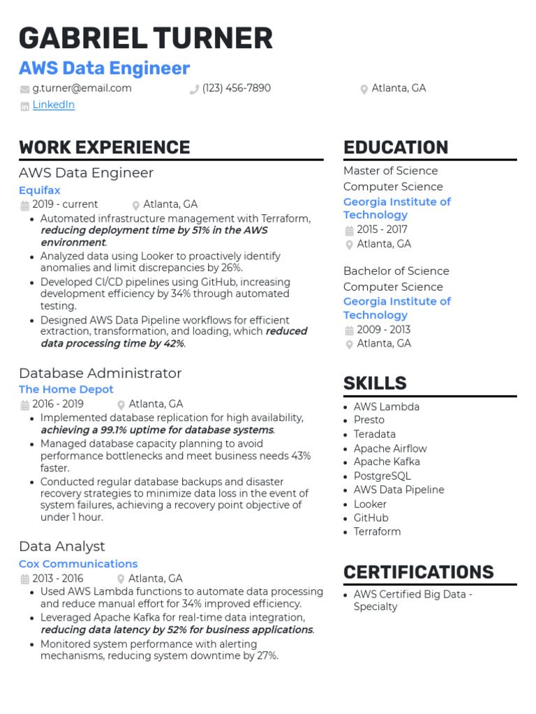 Aws Data Engineer Standout Resume Example | PDF | Amazon Web Services ...